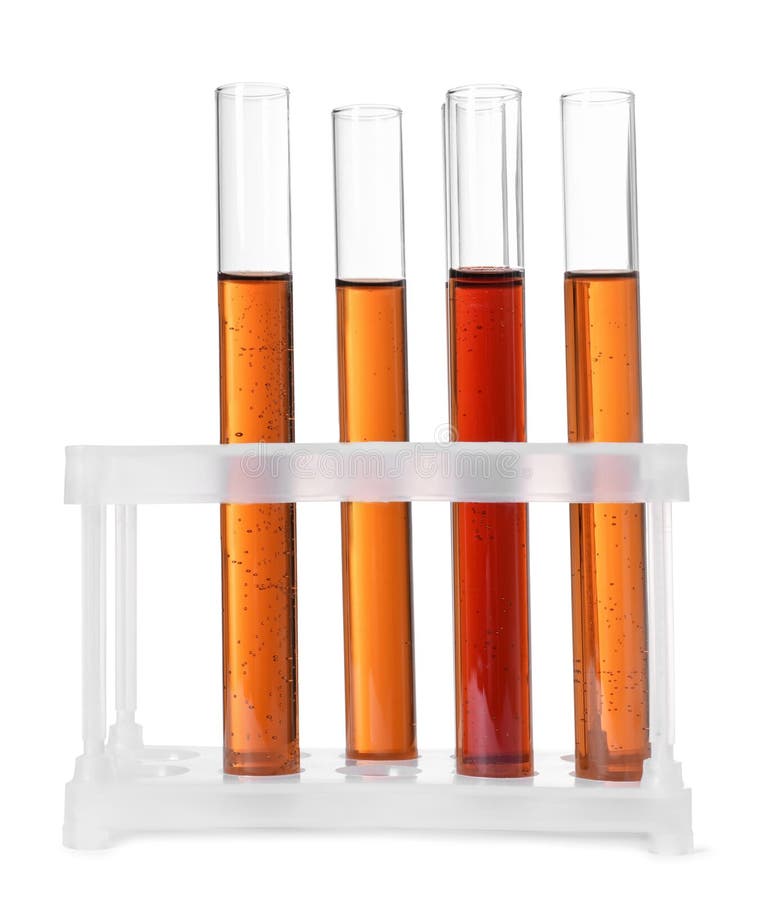 Test Tubes with Brown Liquid in Stand on White Background Stock Photo ...