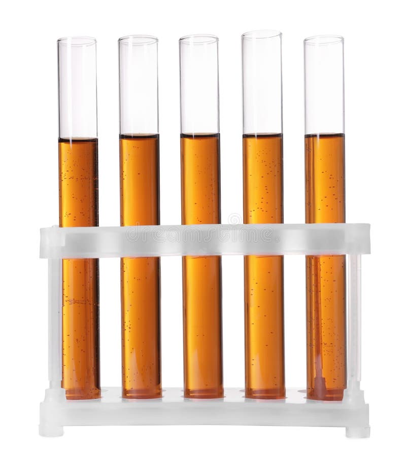Test Tubes with Brown Liquid in Stand on White Background Stock Photo ...