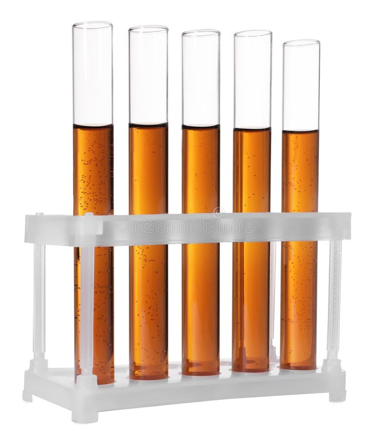 Test Tubes with Brown Liquid in Stand on White Background Stock Photo ...