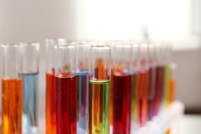 Test Tubes with Color Liquids in Rack, Closeup. Chemistry Stock Image ...