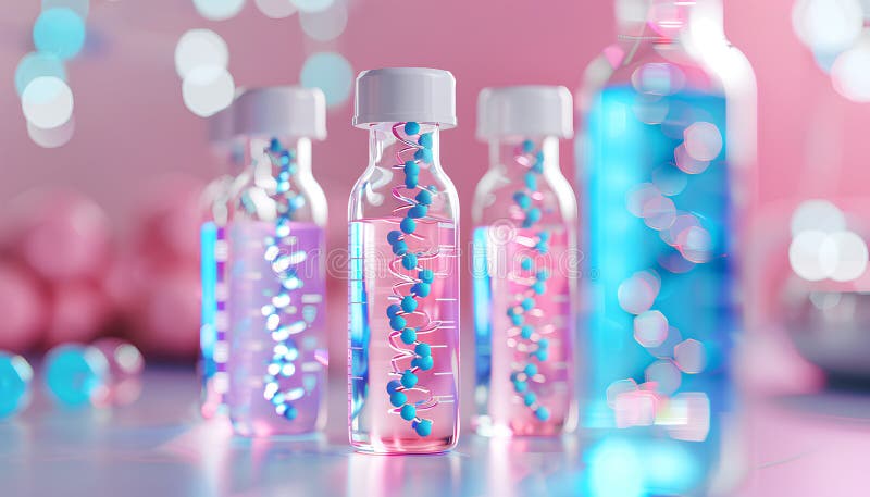 Test Tubes with Different Illustrations of DNA in Laboratory, Closeup ...