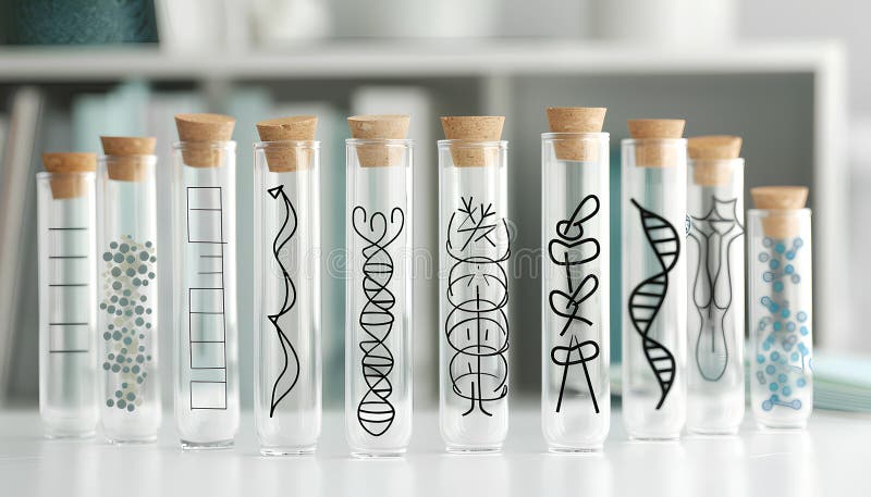 Test Tubes with Different Illustrations of DNA in Laboratory, Closeup ...