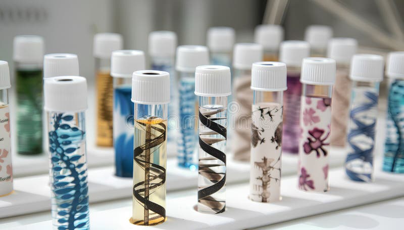 Test Tubes with Different Illustrations of DNA in Laboratory, Closeup ...