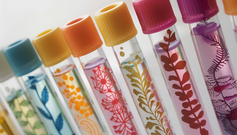 Test Tubes with Different Illustrations of DNA in Laboratory, Closeup ...