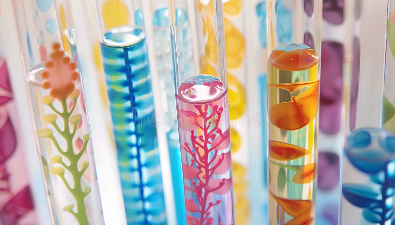 Test Tubes with Different Illustrations of DNA in Laboratory, Closeup ...