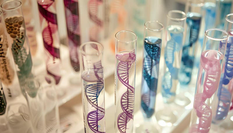 Test Tubes with Different Illustrations of DNA in Laboratory, Closeup ...