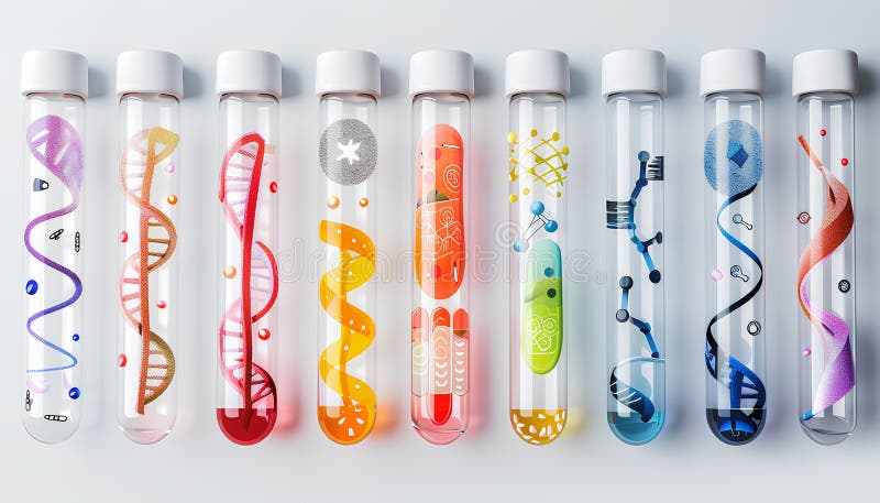 Test Tubes with Different Illustrations of DNA in Laboratory, Closeup ...