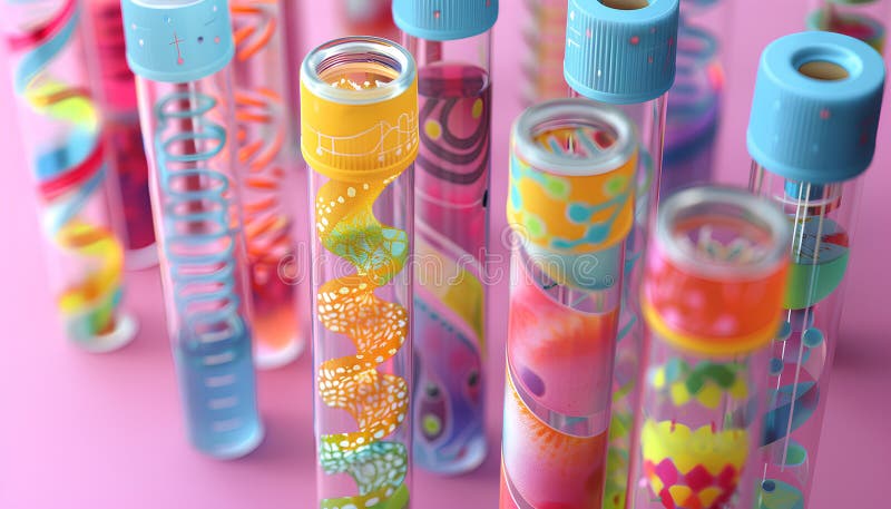 Test Tubes with Different Illustrations of DNA in Laboratory, Closeup ...