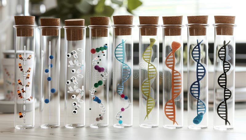 Test Tubes with Different Illustrations of DNA in Laboratory, Closeup ...