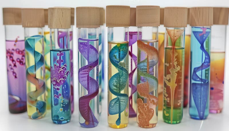 Test Tubes with Different Illustrations of DNA in Laboratory, Closeup ...