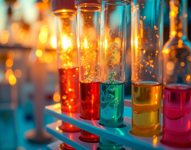 Test Tubes with Different Liquid Samples on a Lab Bench. Various ...