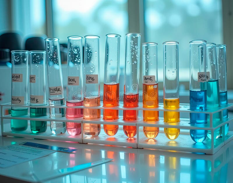 Test Tubes with Different Liquid Samples on a Lab Bench. Various ...