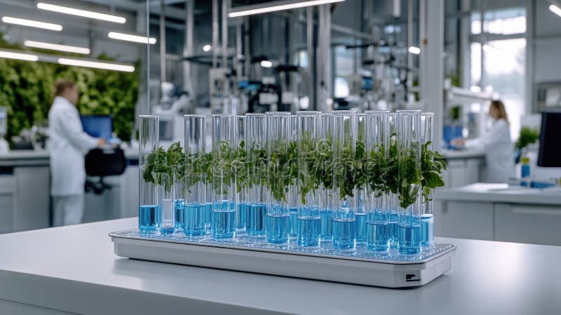 Test Tubes Filled with Blue Liquid are Arranged on a Tray in a Lab ...