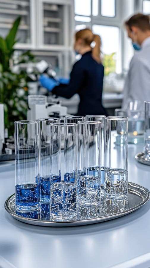 Test Tubes Filled Blue Liquid Arranged Tray Lab Blurred Researchers ...