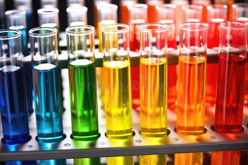 Test Tubes Filled with Colored Fluids in a Rack Stock Photo - Image of ...