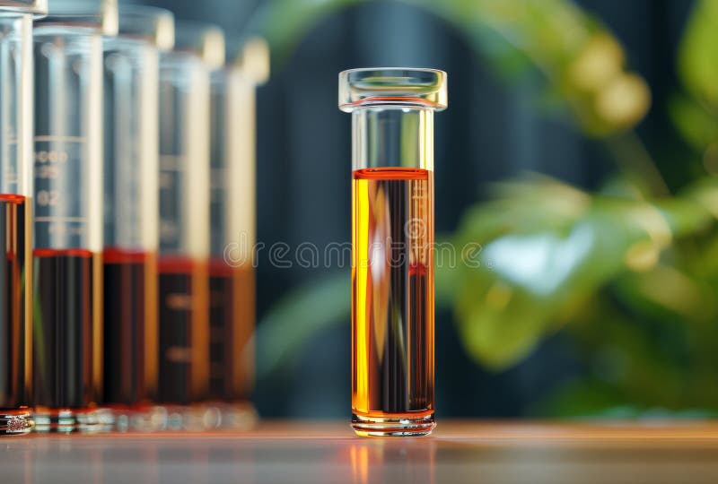 Test Tubes and Flask with Orange Liquid on Table in Laboratory Stock ...