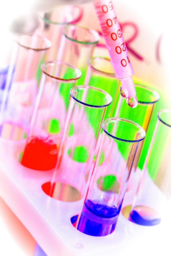 The Test Tubes and Flasks with Colored Liquid in a Laboratory Stock ...