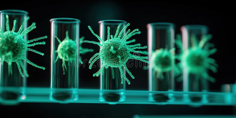 Test Tubes with Glowing Green Viruses in Science Lab Setting Stock ...