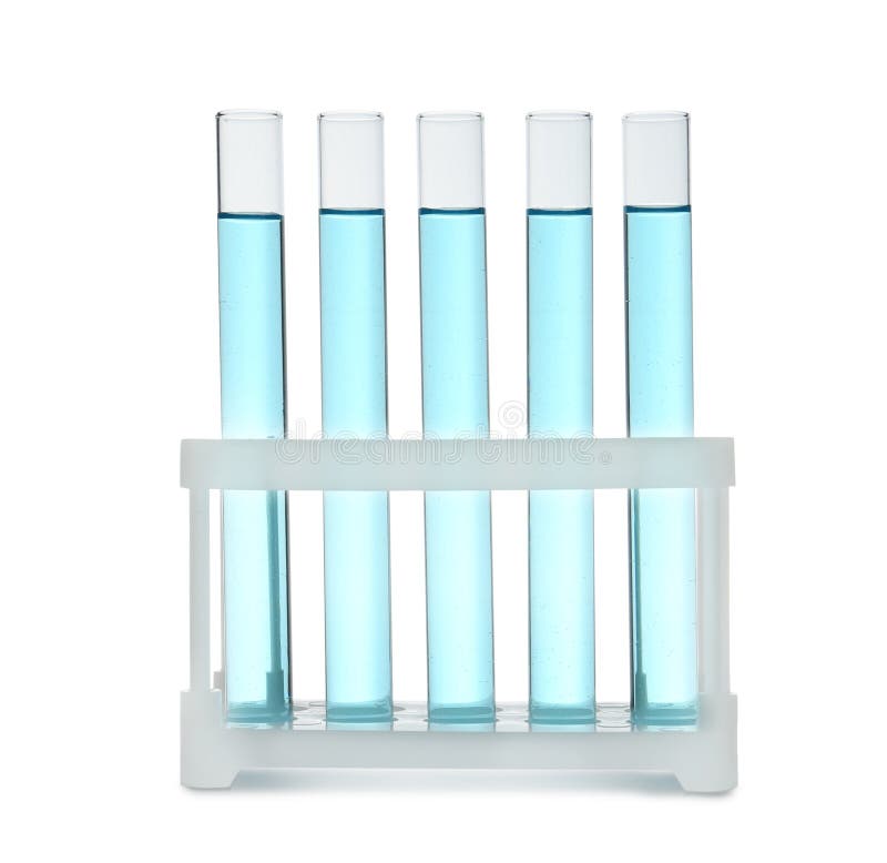 Test Tubes with Light Blue Liquid in Rack Isolated on White Stock Photo ...