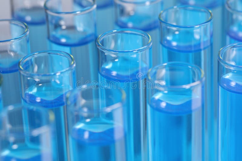 Test Tubes with Light Blue Reagents, Closeup. Laboratory Analysis Stock ...