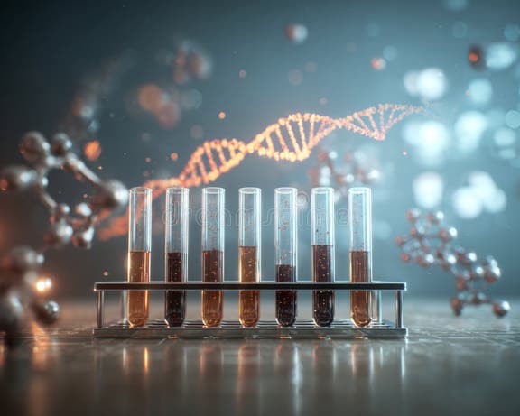 Test Tubes with Liquid Samples in Laboratory Setting with DNA Strand ...