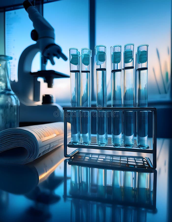 Test Tubes in a Rack with a Microscope and Open Book in a Laboratory ...