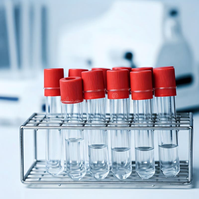 Test Tubes with Red Caps in a Metal Rack, Filled with Clear Liquid, in ...