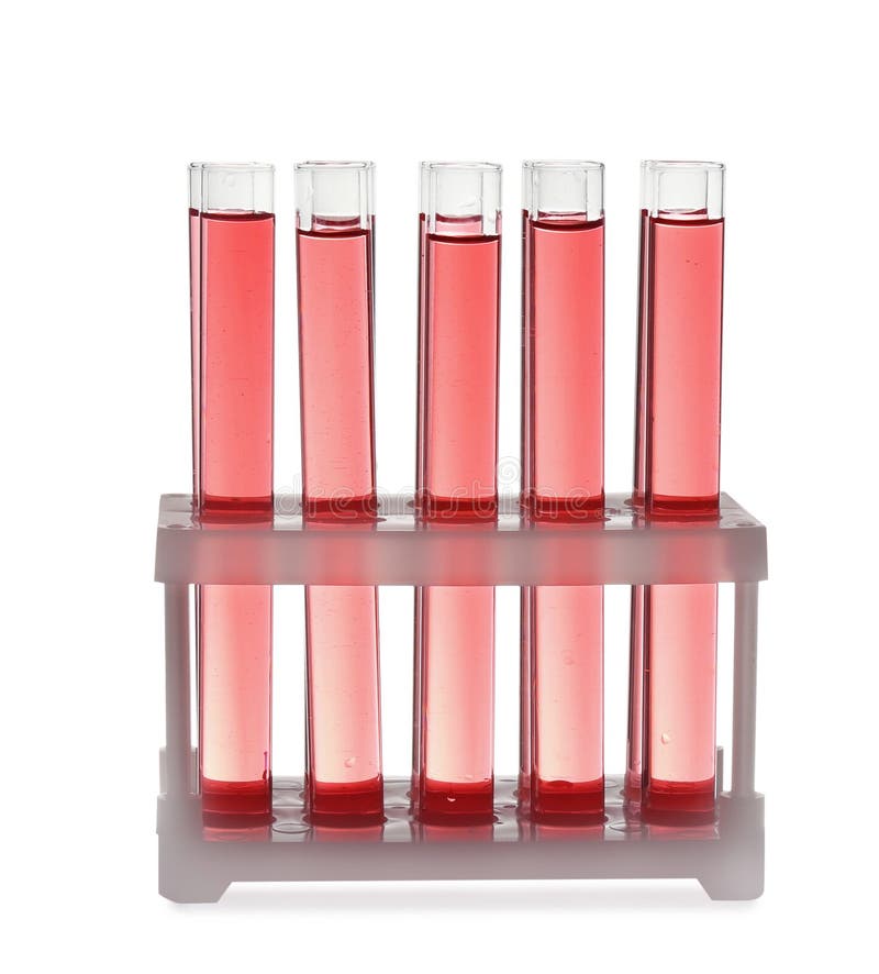 Test Tubes with Liquid in Rack Isolated on White Stock Photo - Image of ...