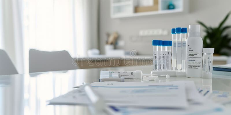 Test Tubes with Samples and Medical Forms on a Desk in a Bright Office ...