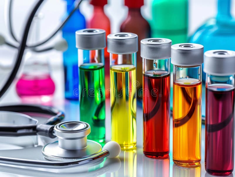 Test Tubes and Solutions with Stethoscope Backdrop in a Lab Setting ...