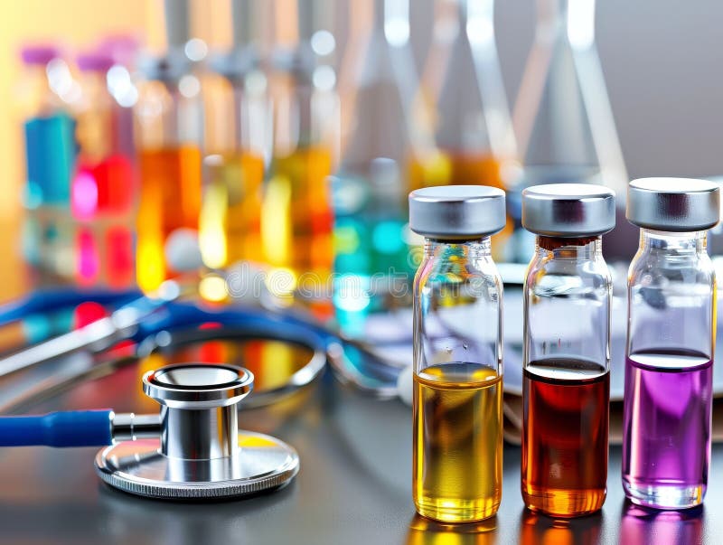 Test Tubes and Solutions with Stethoscope Backdrop in a Lab Setting ...