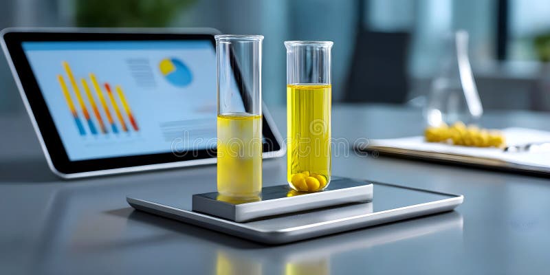Test Tubes with Yellow Liquid and Capsules on Digital Scale in Modern ...