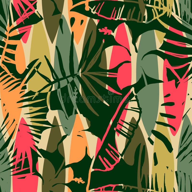 Abstract Seamless Pattern With Tropical Leaves Hand Draw Texture