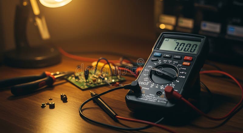 Testing Electronics Circuit with Multimeter and Tools on Wooden ...