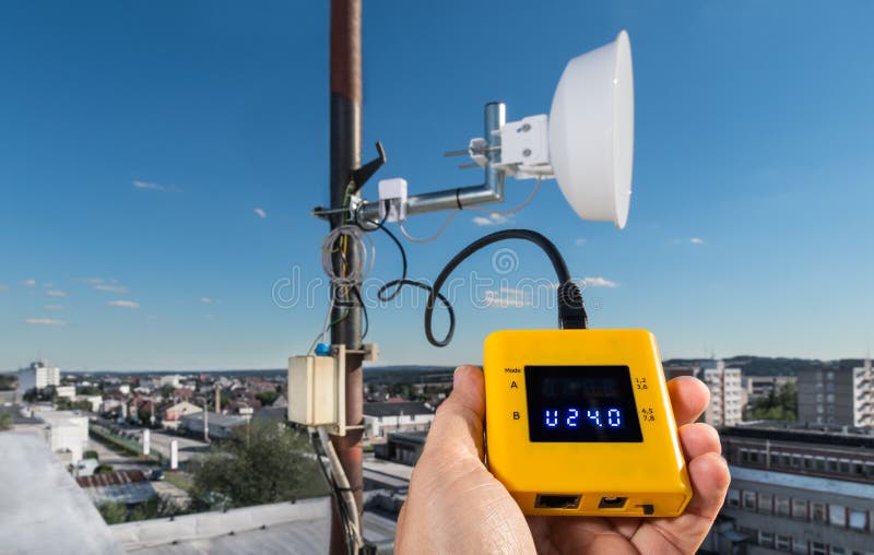 Outdoor Wifi Radio Connection Maintenance. Hand Detail Holding Digital ...
