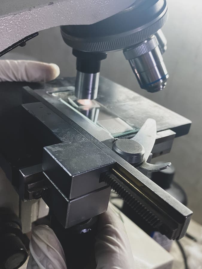 Testing a Sample Under the Microscope in a Laboratory Stock Image ...