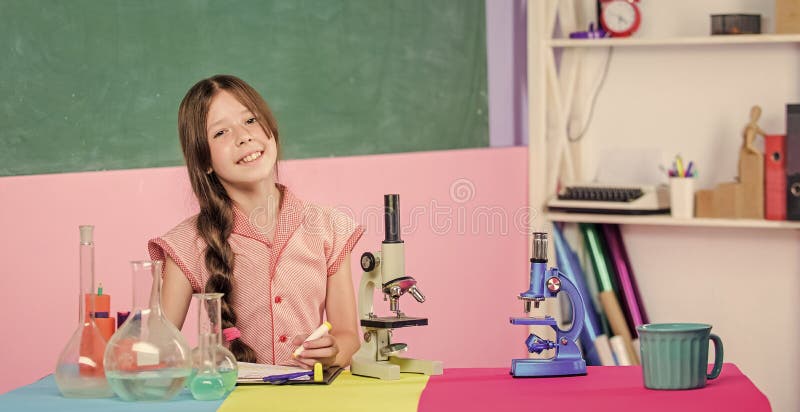 Testing Samples. Small Girl with Lab Flask. Science Lesson with ...