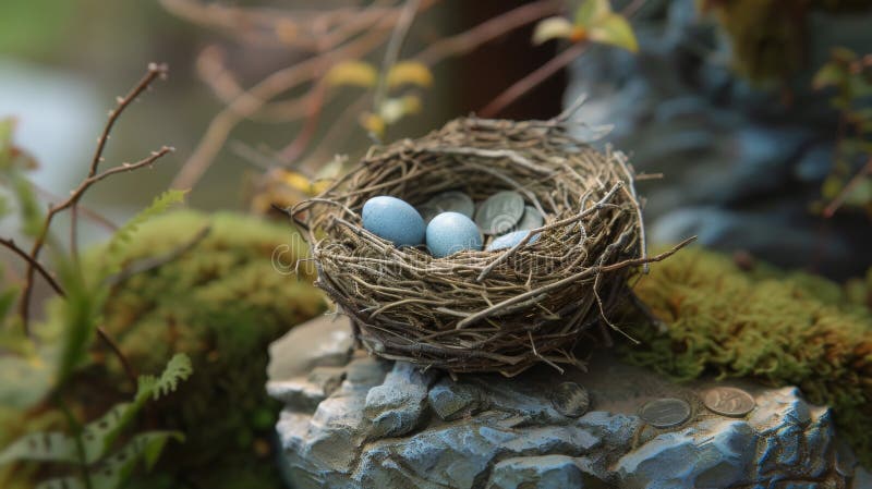 Tether Birds Nest with Coin Eggs in a Fantasy Terrain Stock ...