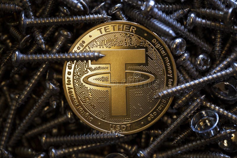 TETHER USDT Cryptocurrency Physical Coin Placed between Metal Screws ...