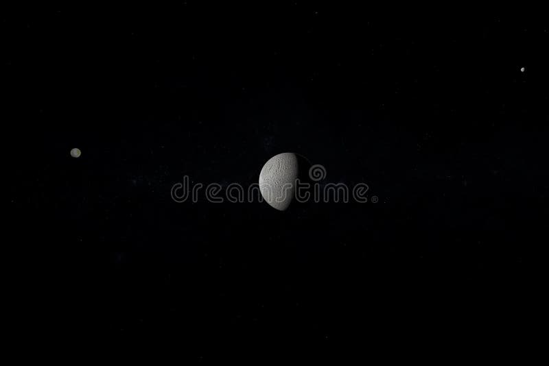 Tethys, Rhea and Dione, Saturn`s Moons, in the Outer Space. 3d Render ...