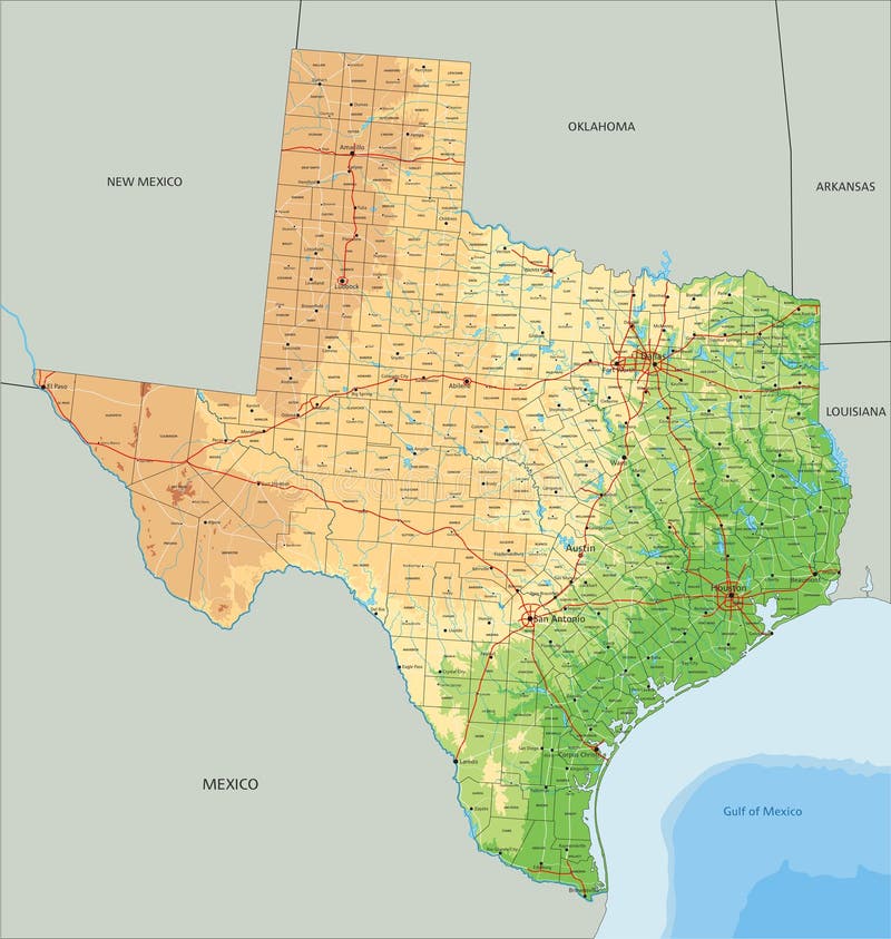 Detailed Texas Physical Map with Labeling. Stock Vector - Illustration ...