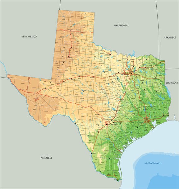 Detailed Texas Physical Map with Labeling. Stock Vector - Illustration ...