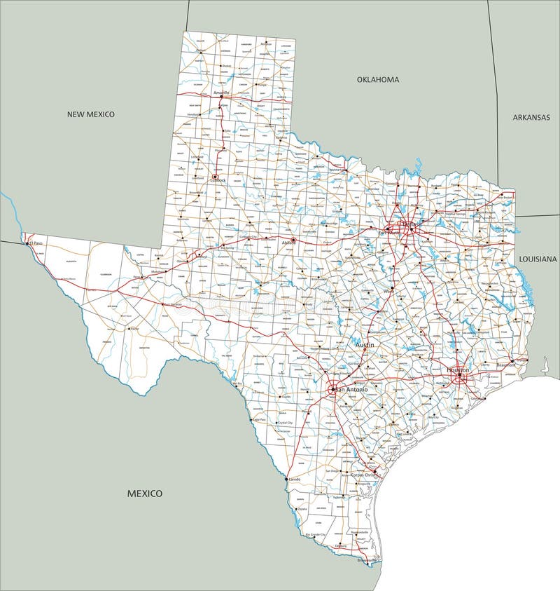 Detailed Texas Road Map with Labeling. Stock Vector - Illustration of ...