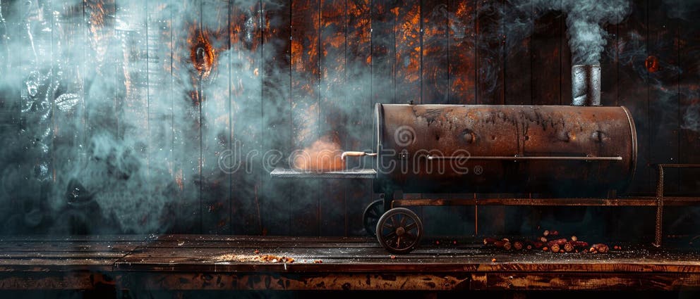Texas Charcoal Offset Smoker during Backyard Cookout Stock Photo ...