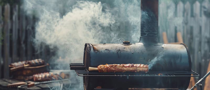 Texas Charcoal Offset Smoker during Backyard Cookout Stock Photo ...