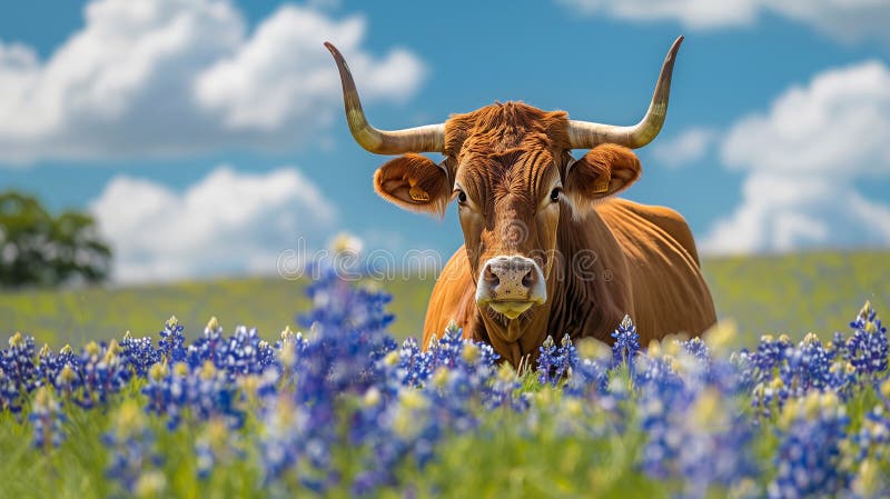 Texas Longhorn Cow in Spring in a Field of Bluebonnets. Posing Texas ...