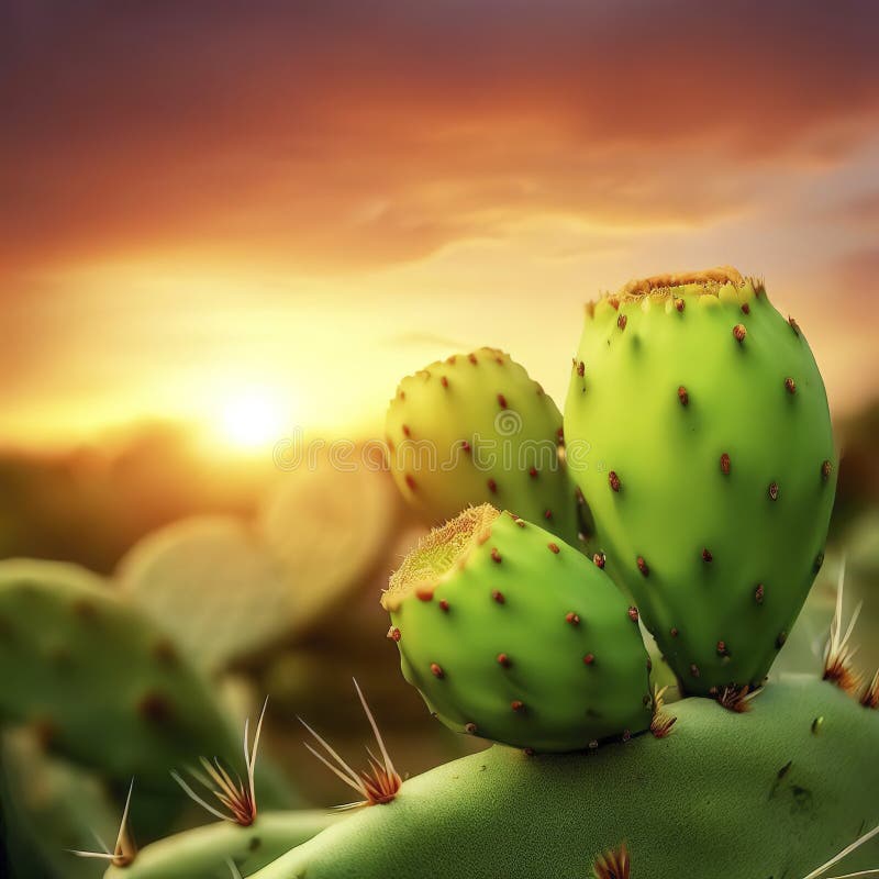 Texas Prickly Pear Cactus with Green Fruit with Sunset Background Stock ...