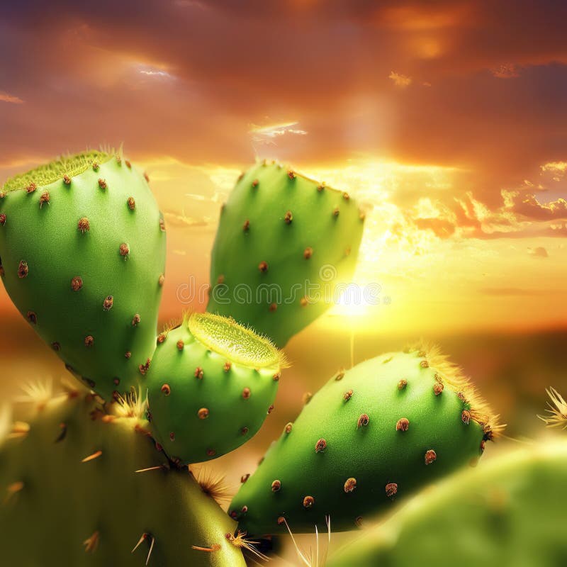 Texas Prickly Pear Cactus with Green Fruit with Sunset Background Stock ...