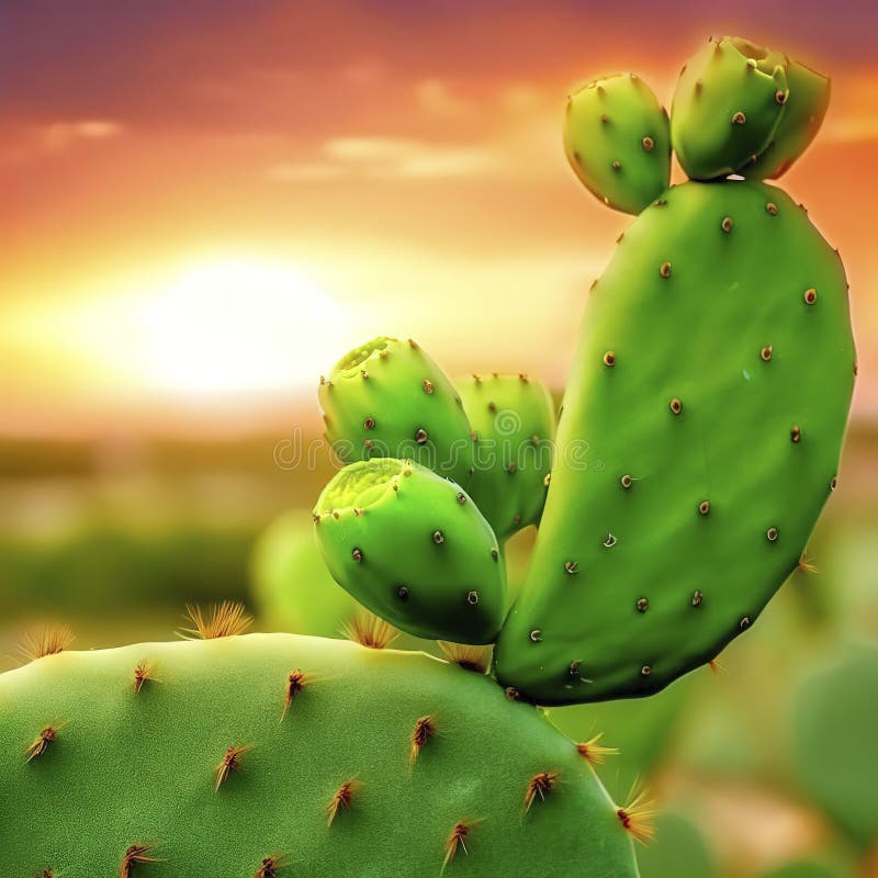 Texas Prickly Pear Cactus with Green Fruit with Sunset Background Stock ...