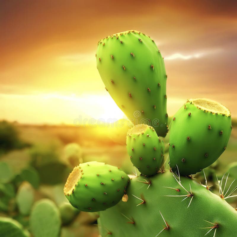 Texas Prickly Pear Cactus with Green Fruit with Sunset Background Stock ...